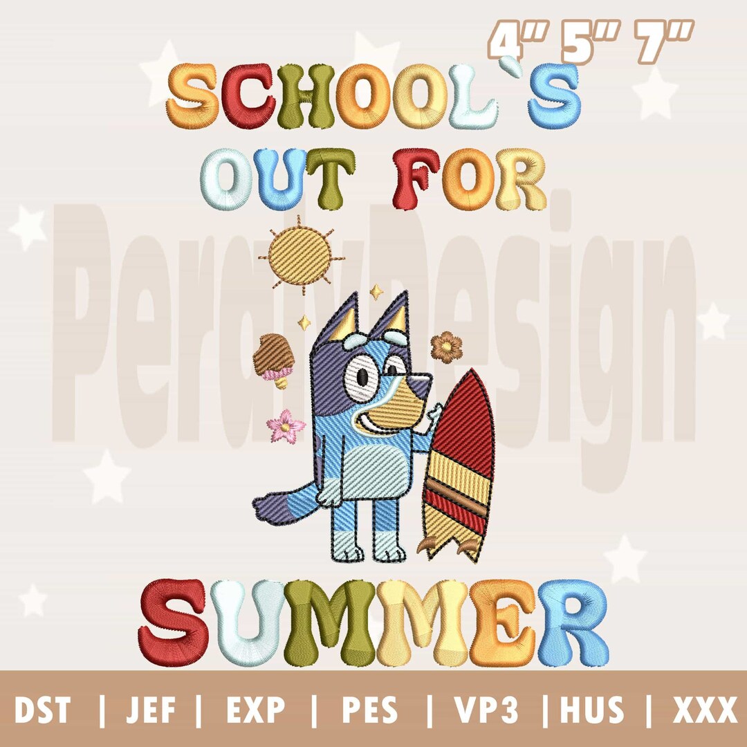 Cute Blue Dog Embroidery Design, Last Day of School Embroidery 3 Size ...