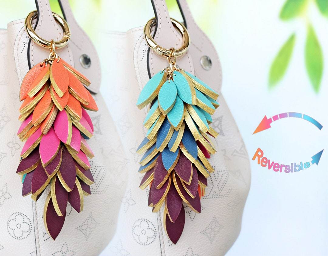 Reversible Leaves Leather Bag Charm, Handmade Rainbow Keychain for ...