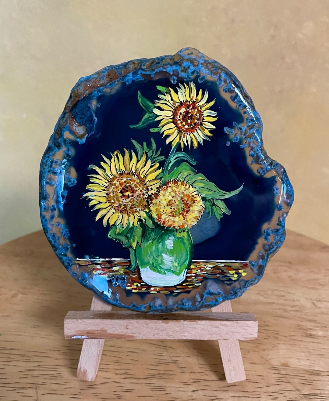Hand Painted Rock Van Gogh Inspired Sunflowers on Unique Translucent ...