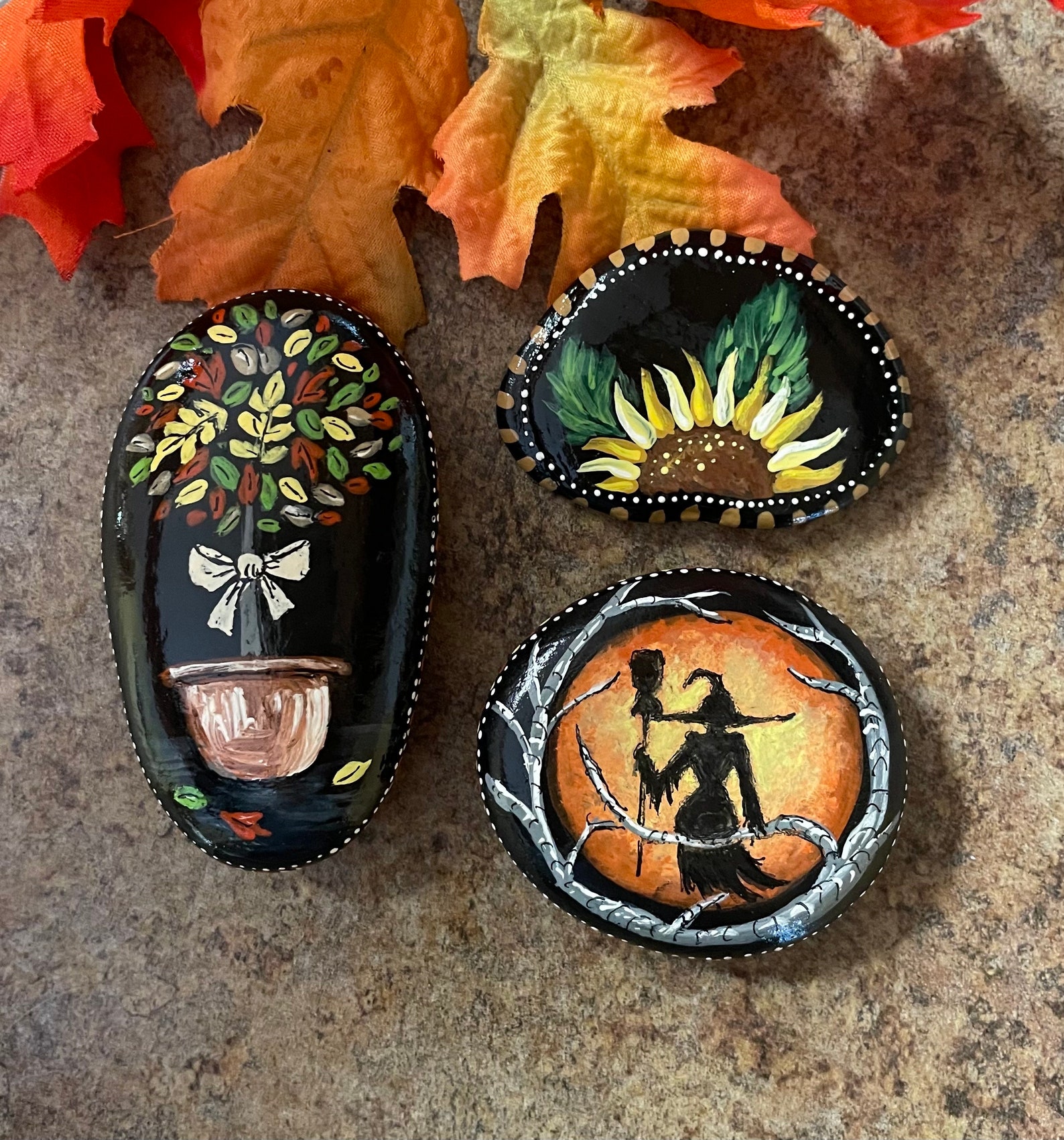 Set of 3 Hand Painted Rocks by Inspirationrocks4u Sunflower, Witch ...