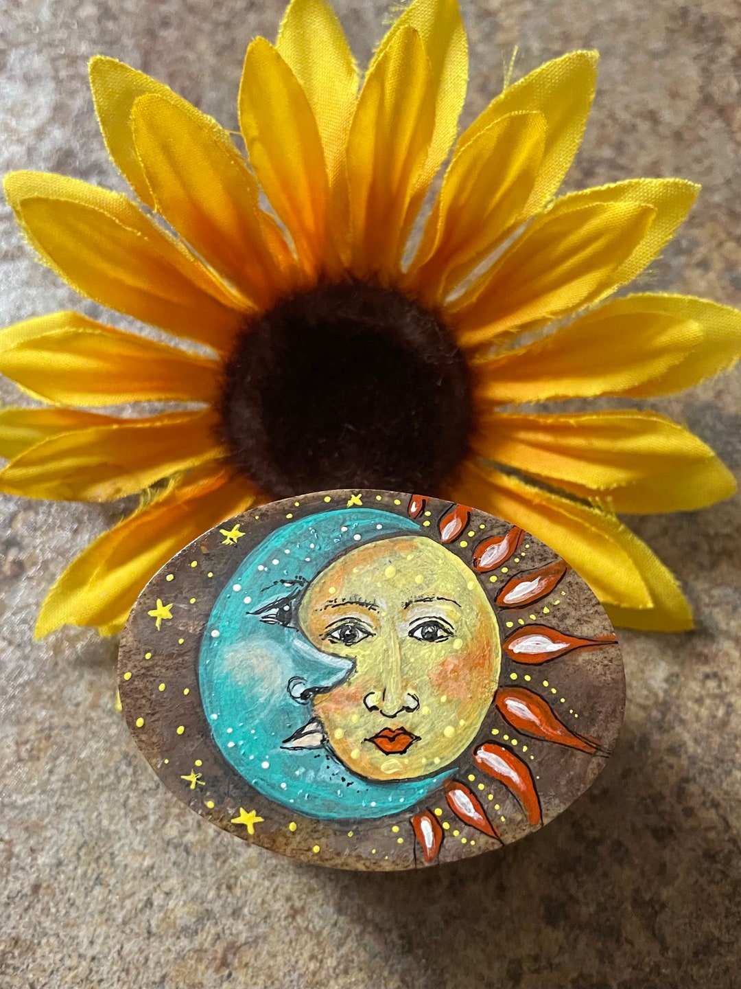 Hand Painted Stone Trinket Box Moon and Sun - Etsy