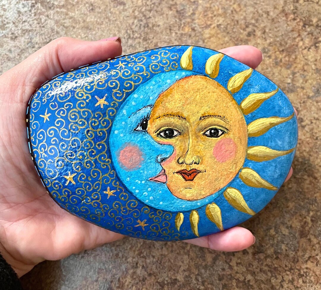 Hand Painted Rock Paperweight Large “moon & Sun” by Inspirationrocks4u ...