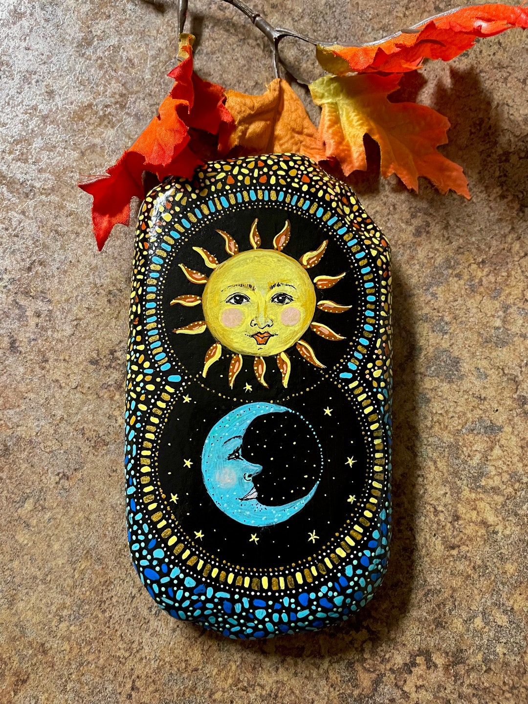 Hand Painted Rock Paperweight moon & Sun by - Etsy