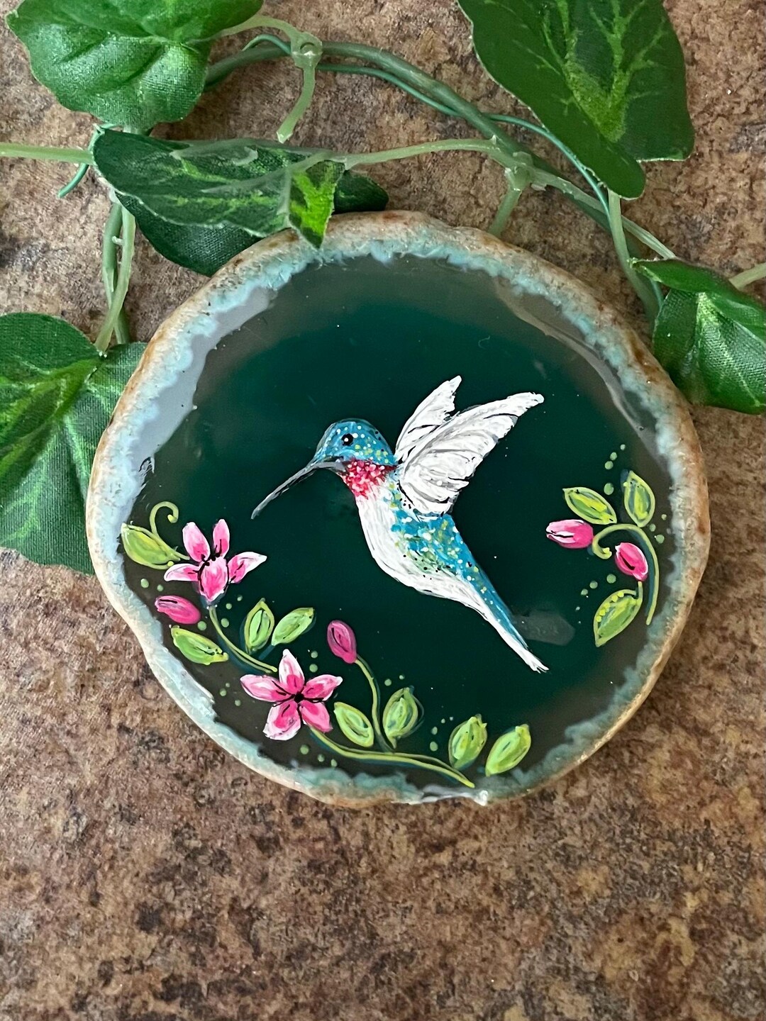 Hand Painted Rock Hummingbird on Translucent Agate Rock Slice - Etsy