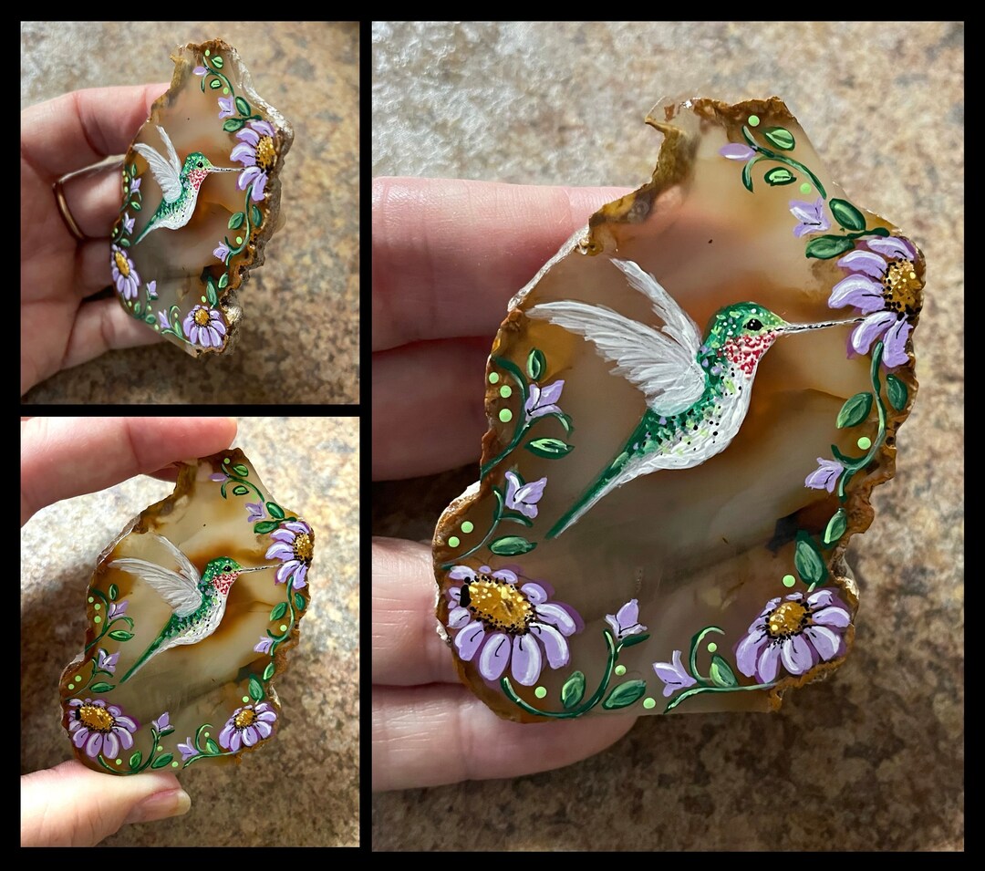 Hand Painted Rock Hummingbird Mini on Translucent Agate Rock Slice - Etsy