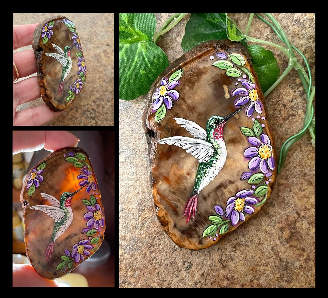 Hand Painted Rock Hummingbird on Quartz Rock Slice - Etsy