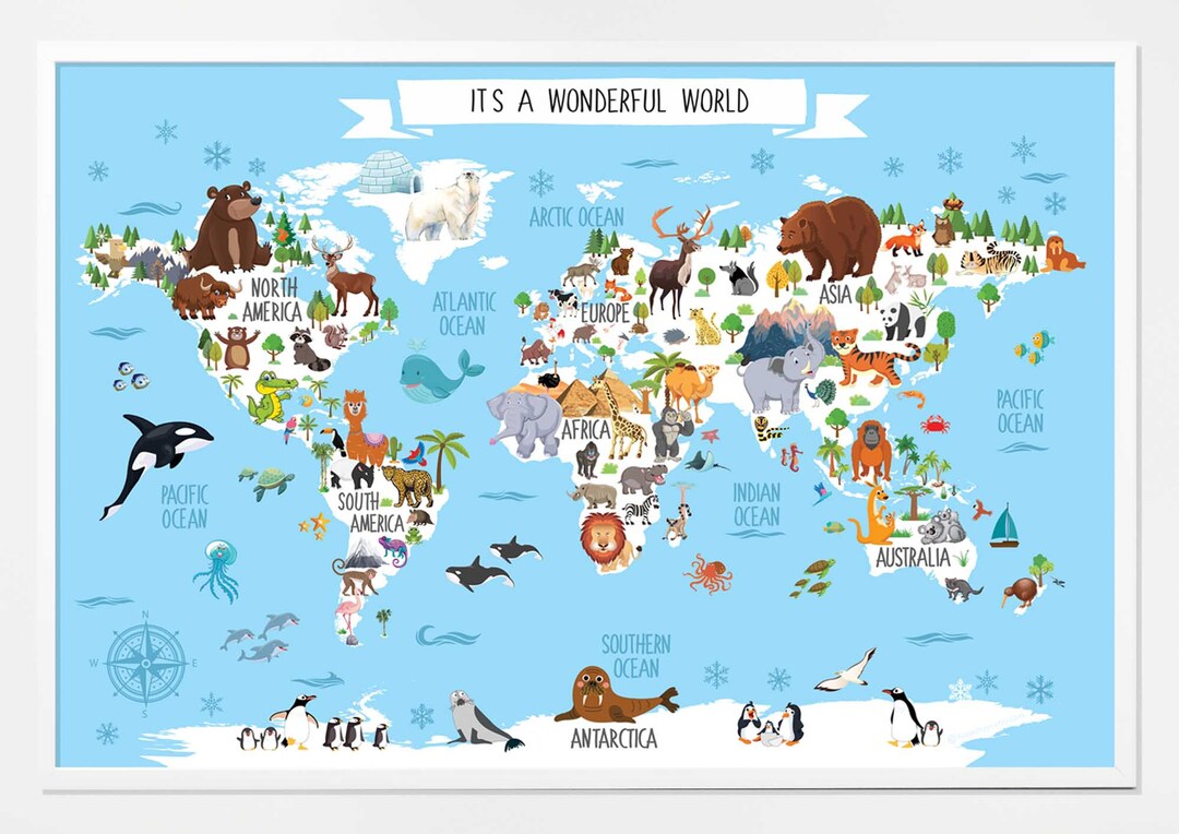 WORLD Animal MAP Printable Unique Toddler Toys Nursery Map Nursery ...