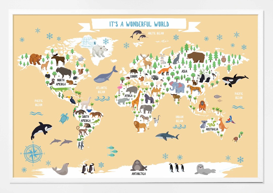 WORLD ANIMAL Map Printable - Unique Toddler Toys- Nursery Map Nursery ...