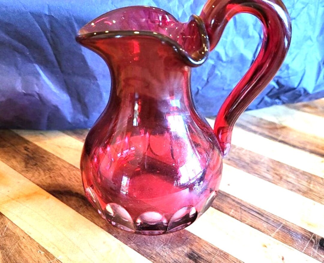 EAPG Ruby Red Glass Small 3 Spouts Water Pitcher With Clear Thumbprint ...