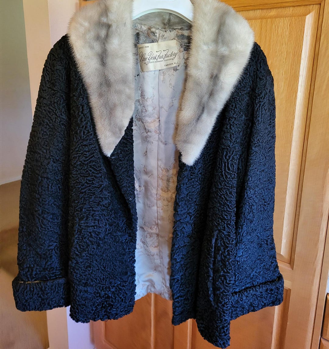 Vtg 1960s Black Broadtail Persian Lamb Fur Jacket With Grey Mink Fur ...