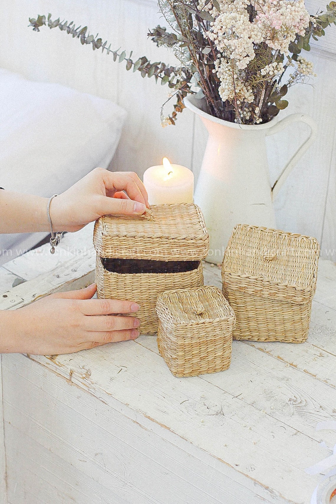 Set of 3 Braided Handwoven Natural Oval/square Holder Basket With Lid ...