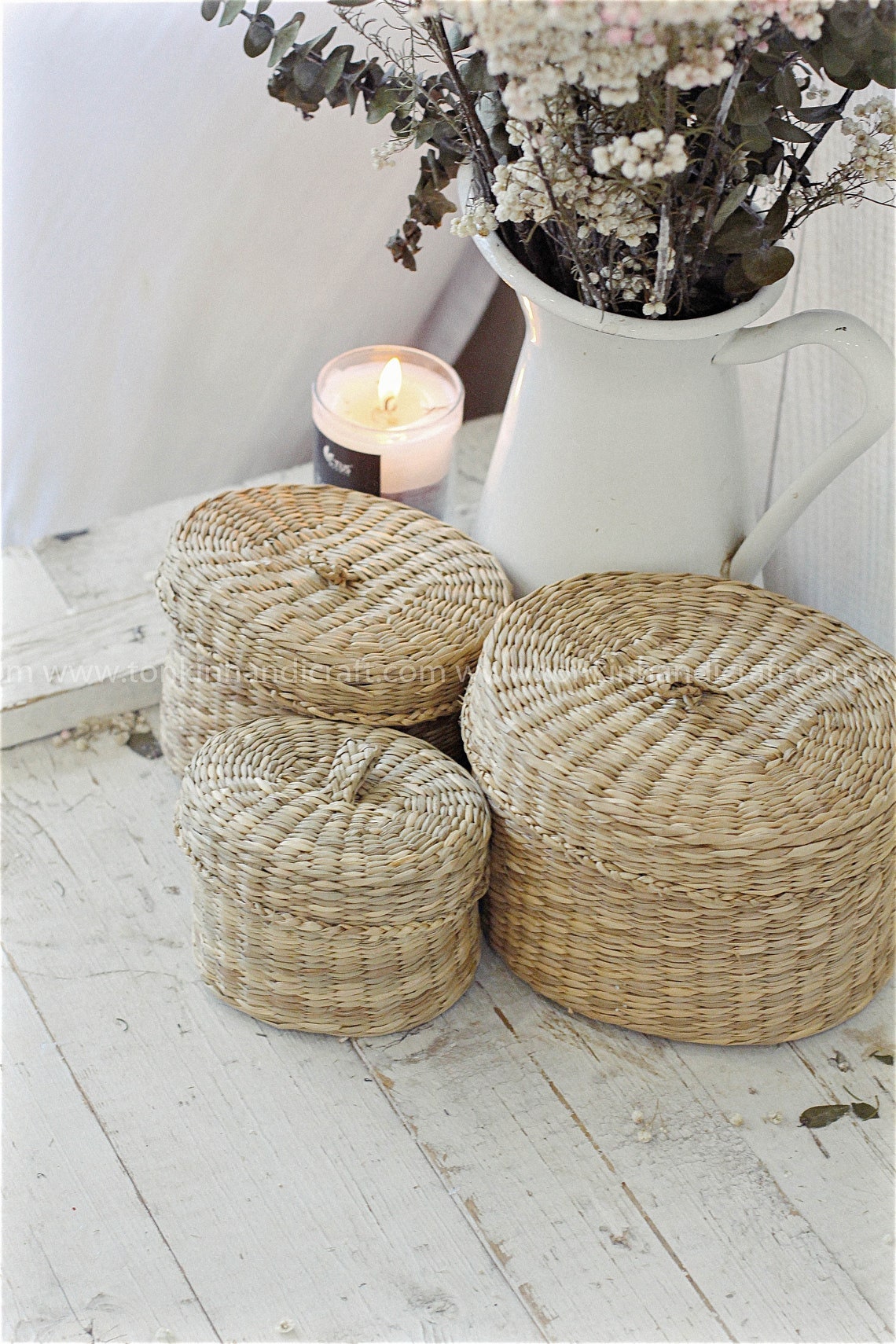 Set of 3 Braided Handwoven Natural Oval/square Holder Basket With Lid ...