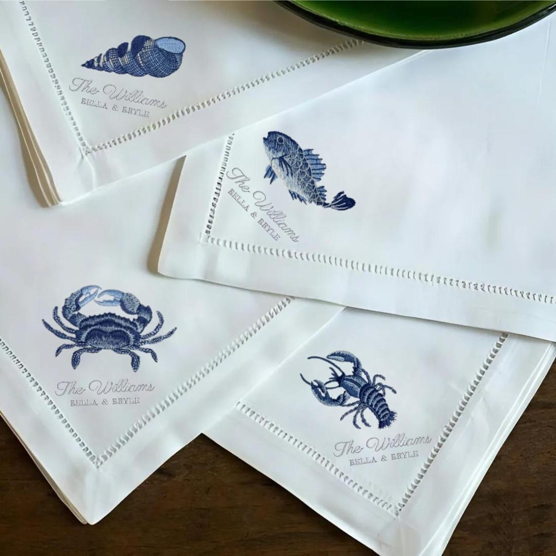 Sea Creature Embroidered Linen Napkins, 17'x17' Linen Napkins ...