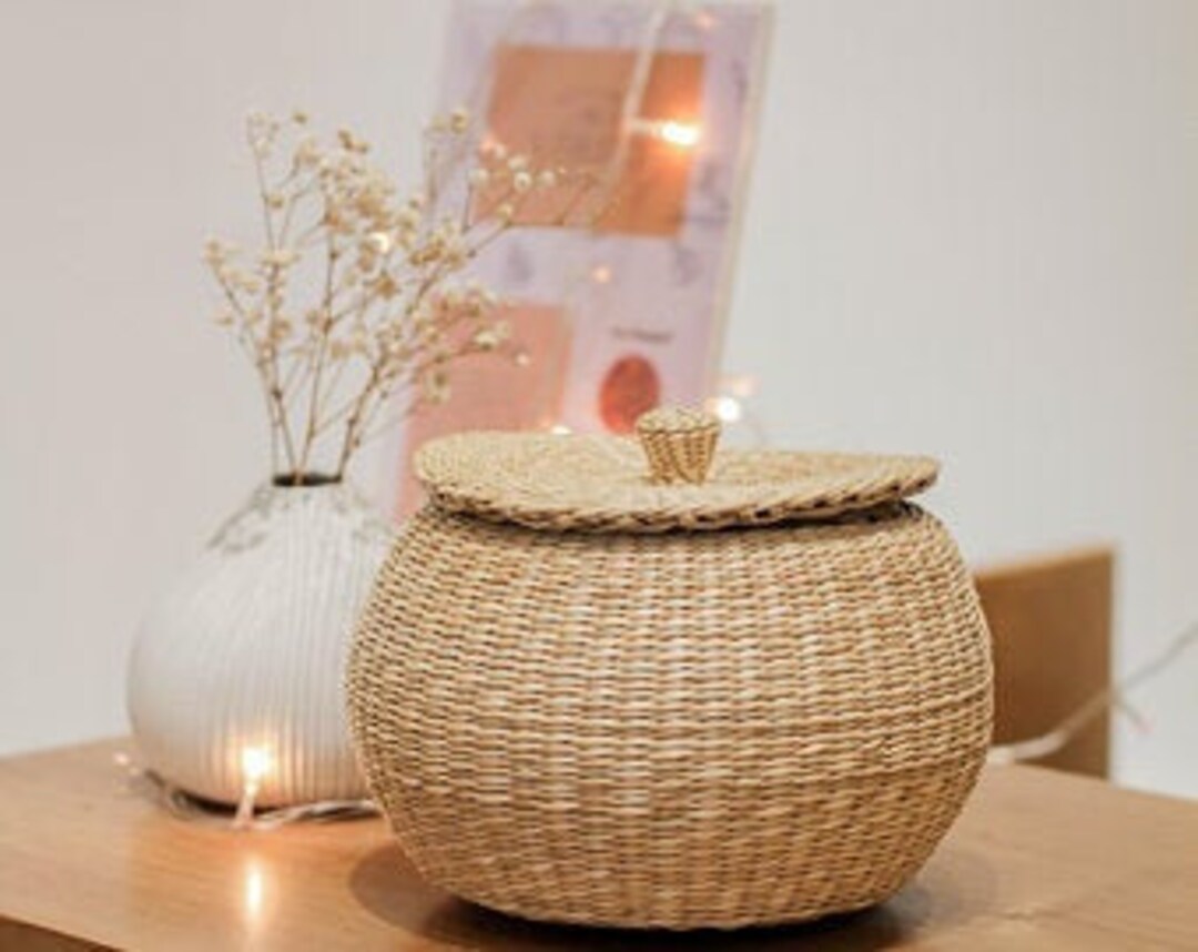 Basket With Lid, Braided Woven Weaving Natural Round Ball Jar Holder ...