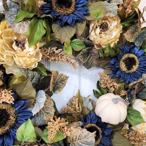 Blue Fall Wreath, Fall Sunflower Wreath, Fall Peony Wreath, Fall Floral ...