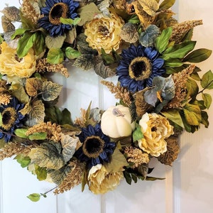 Blue Fall Wreath, Fall Sunflower Wreath, Fall Peony Wreath, Fall Floral ...