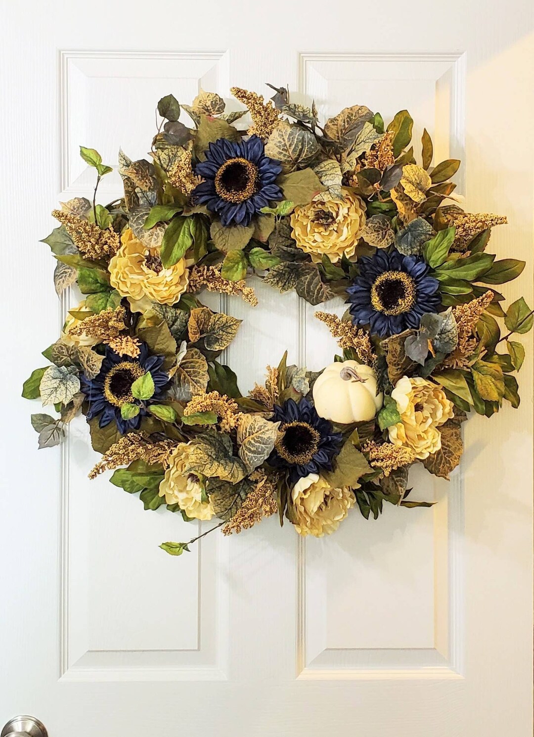 Blue Fall Wreath, Fall Sunflower Wreath, Fall Peony Wreath, Fall Floral ...