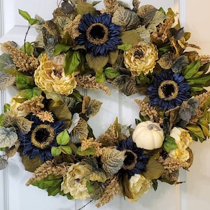 Blue Fall Wreath, Fall Sunflower Wreath, Fall Peony Wreath, Fall Floral ...