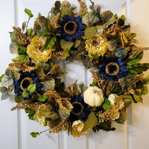 Blue Fall Wreath, Fall Sunflower Wreath, Fall Peony Wreath, Fall Floral ...