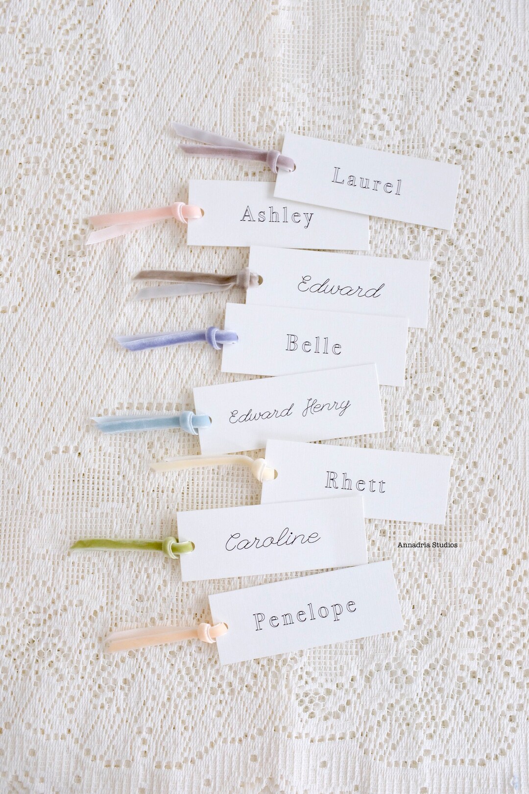 Pastel Velvet Ribbon Place Cards, Garden Wedding Placecards, Vintage ...
