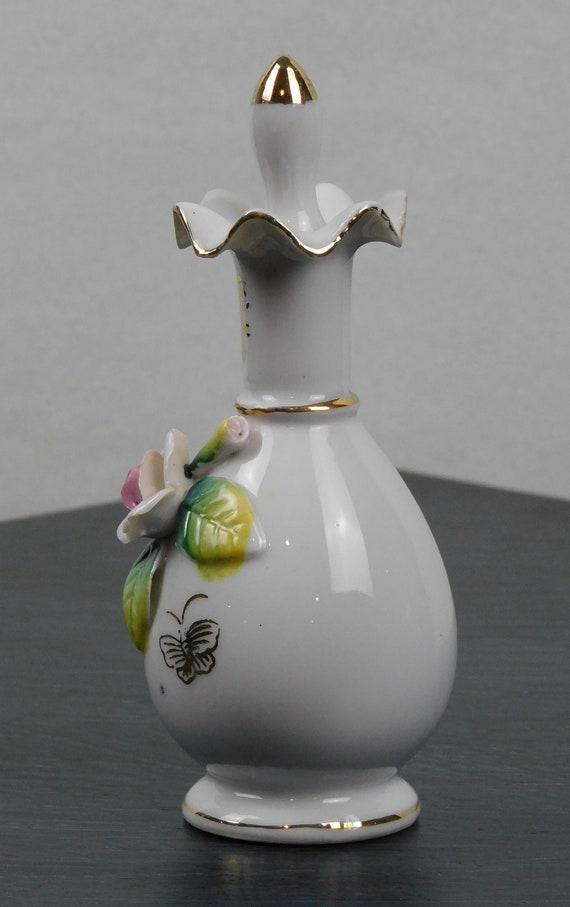 Vintage, ceramic, floral perfume bottle with dauber - Gem