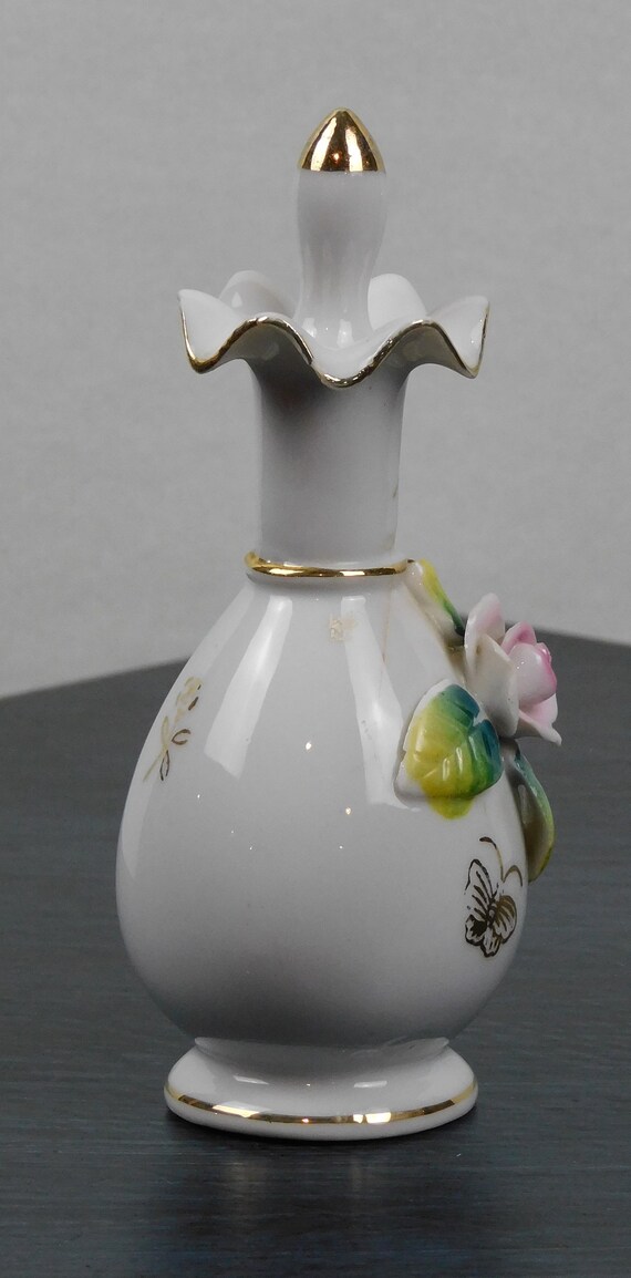 Vintage, ceramic, floral perfume bottle with dauber - Gem
