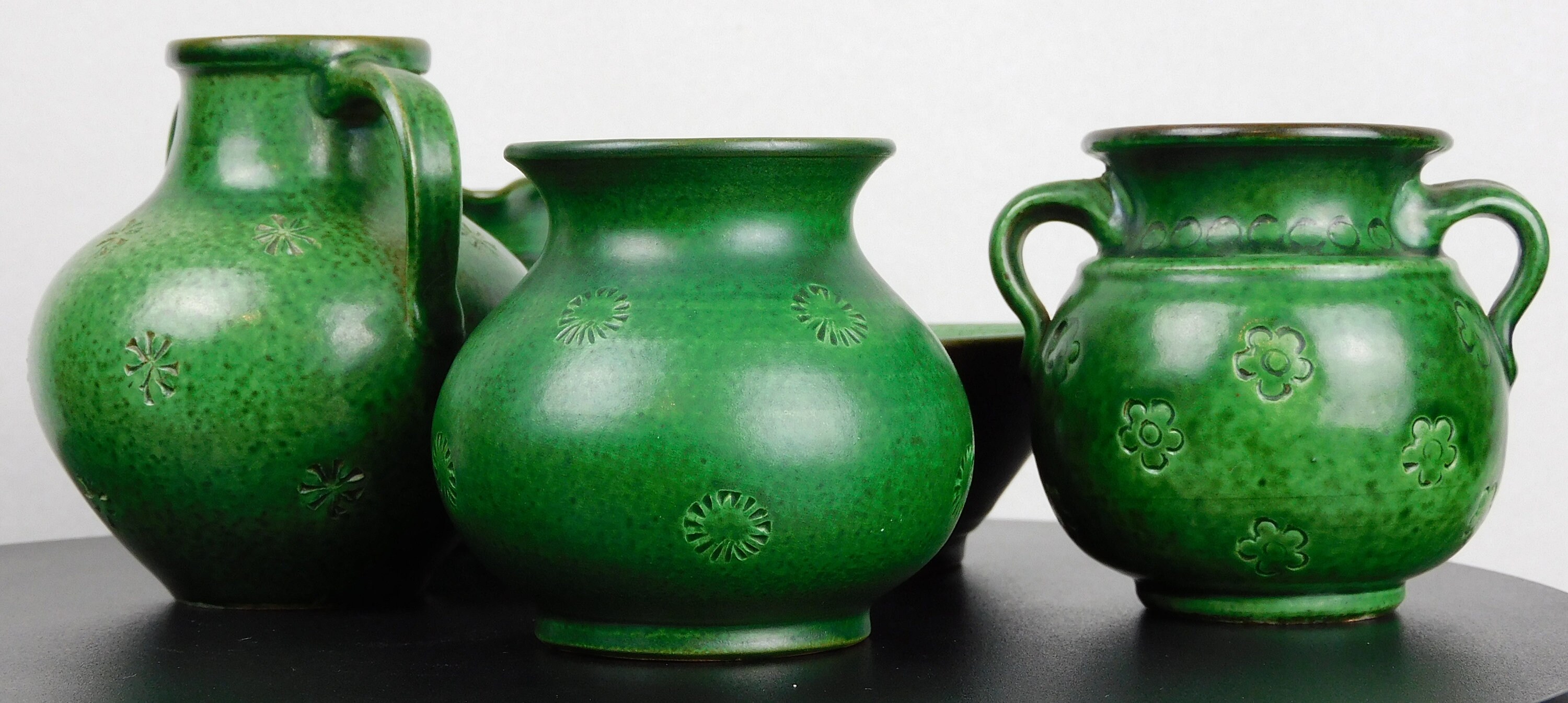 Vintage, Mini, Wilhelm Kagel Pottery WKP, Green Vases, Pitcher, Bowl ...