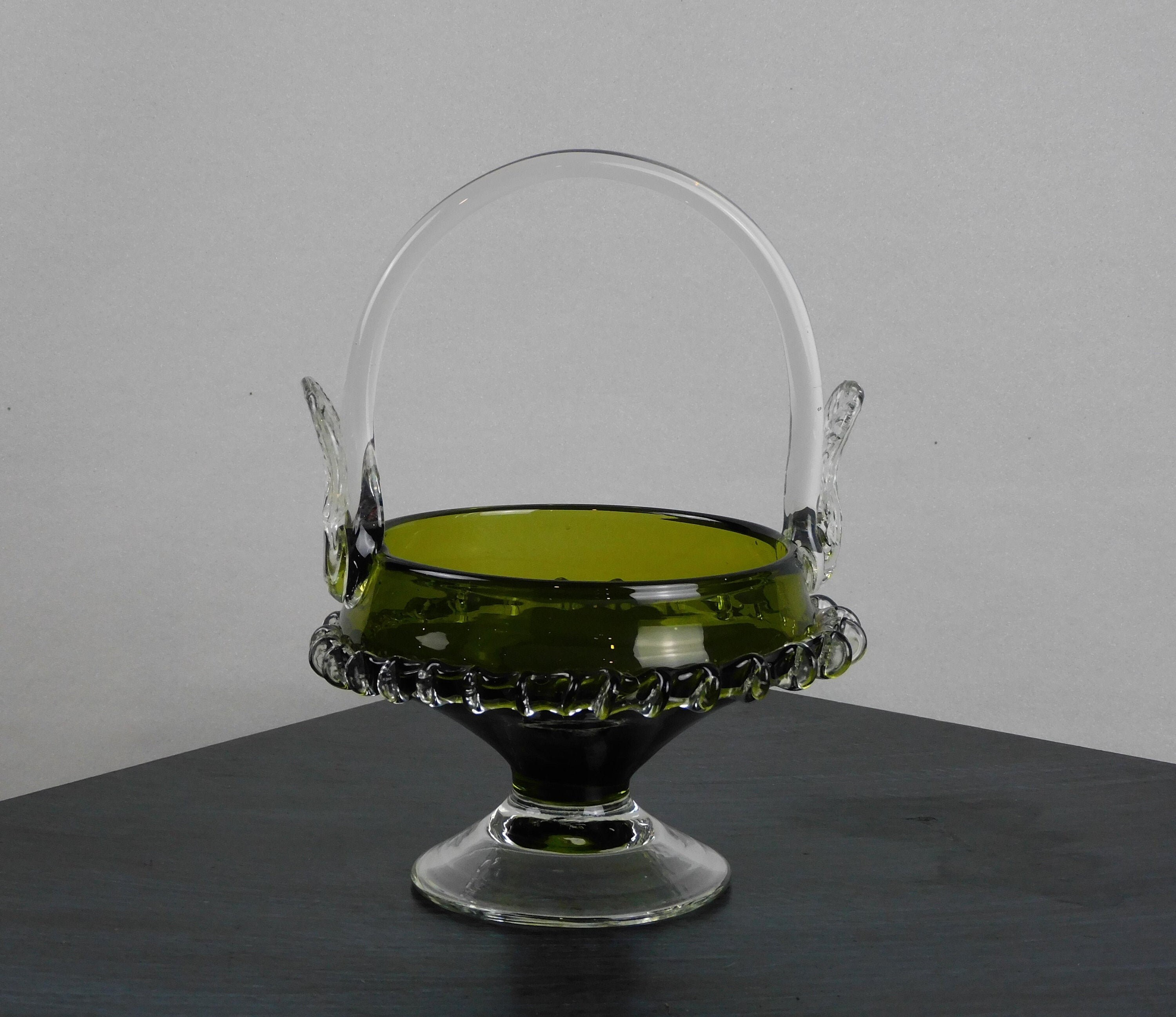 Vintage green and clear art glass basket with applied handle | Etsy