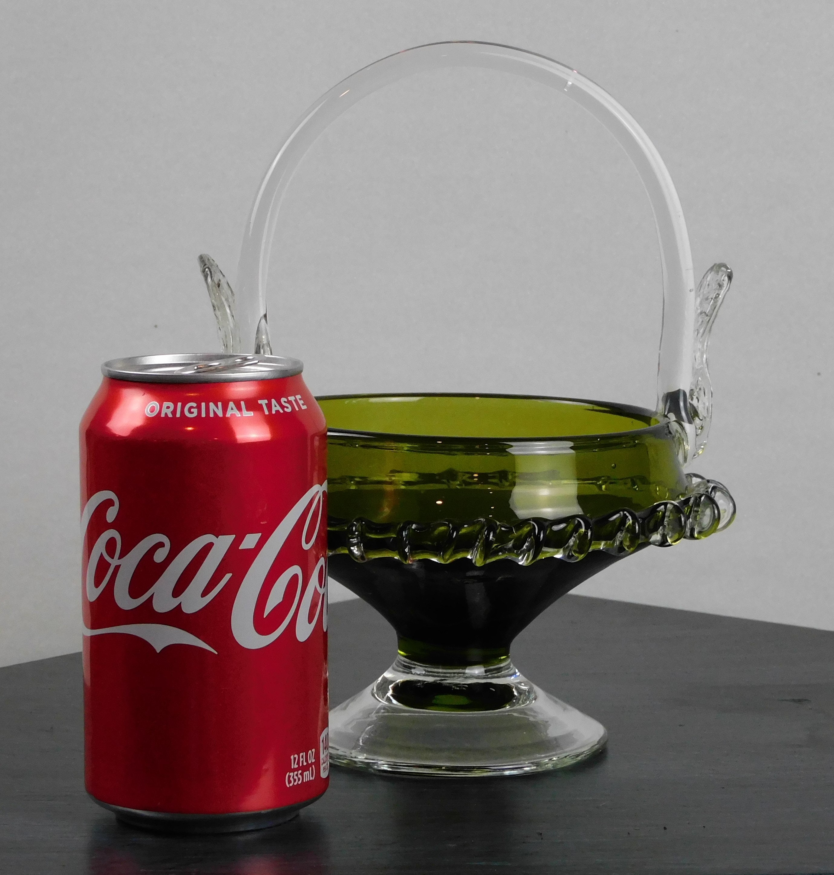 Vintage green and clear art glass basket with applied handle | Etsy