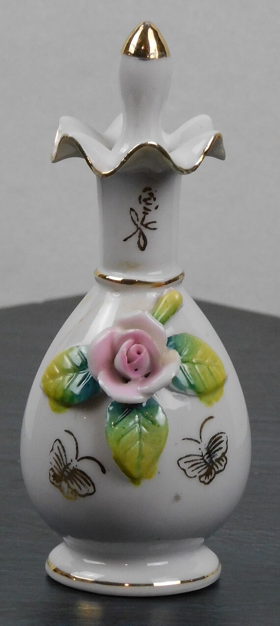 Vintage, ceramic, floral perfume bottle with dauber - Gem