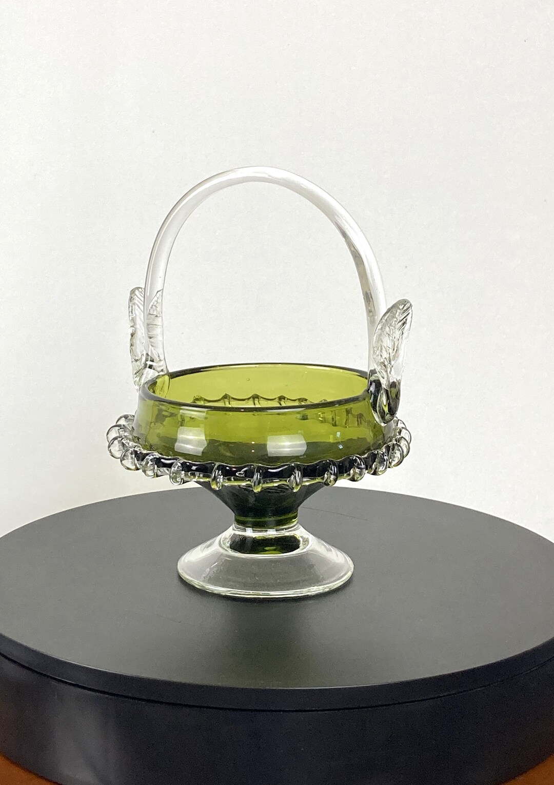 Vintage, Green and Clear Art Glass Basket, With Applied Handle and Leaf ...