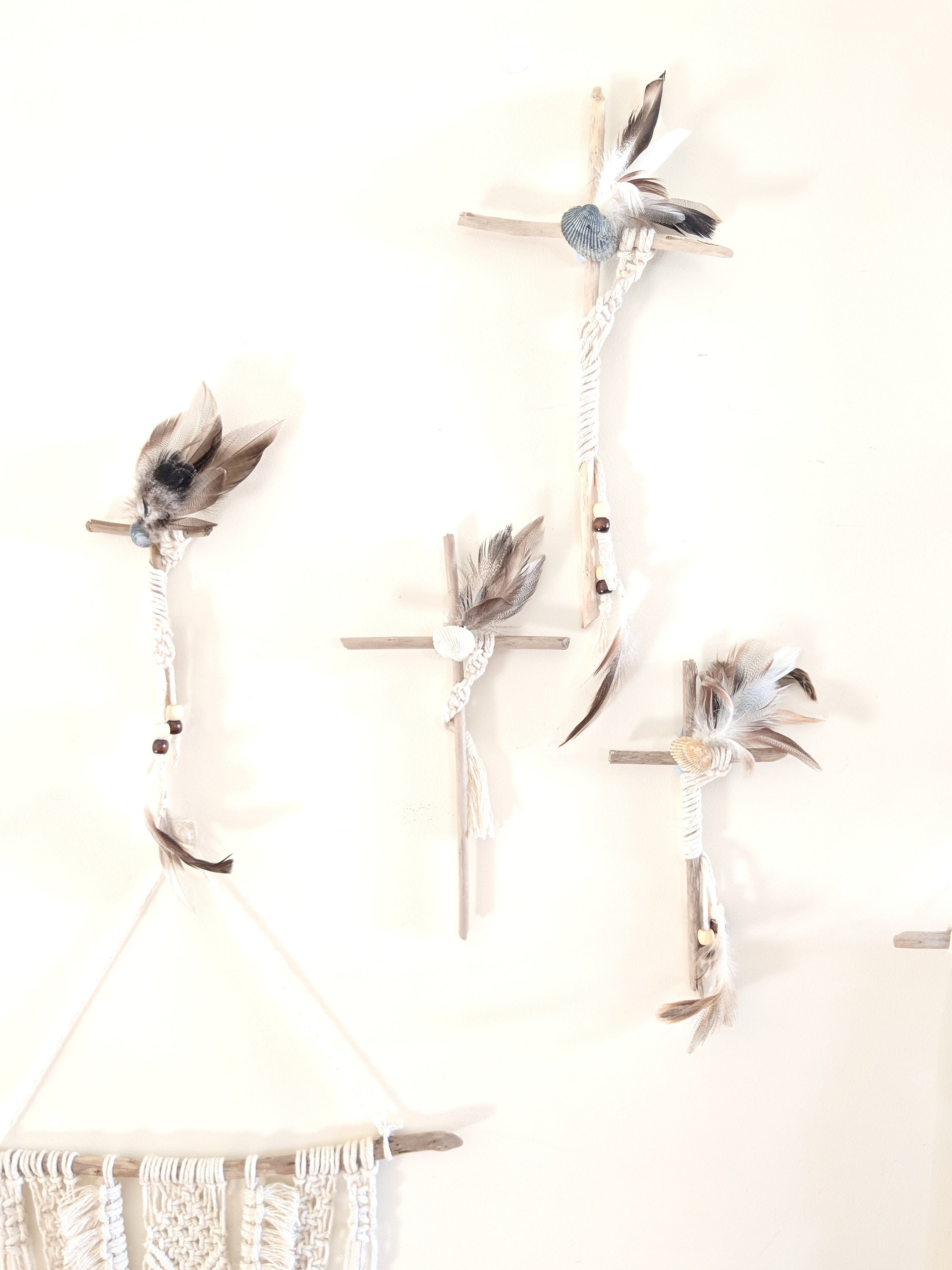 Boho Driftwood Cross / Wooden Cross With Feathers Seashells | Etsy