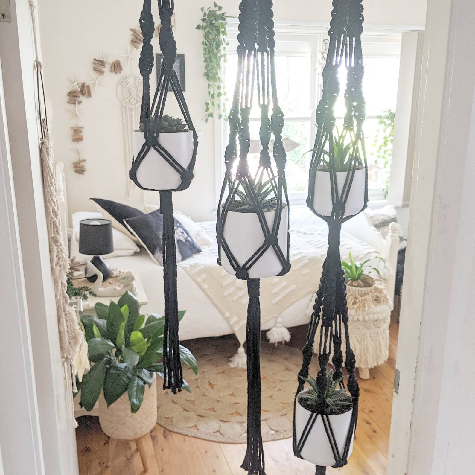 Macrame Plant Hanger Black/ Plant Hanger Small Large Duo - Etsy