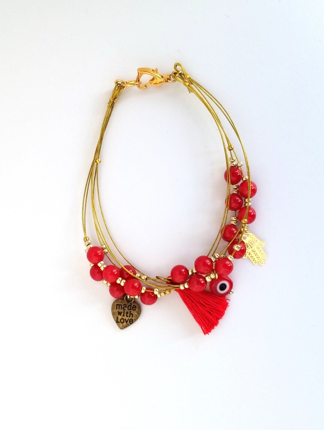 Hamsa Hand Red and Gold Bracelet; Hamsa Hand; Gold Filled; Red Evil ...
