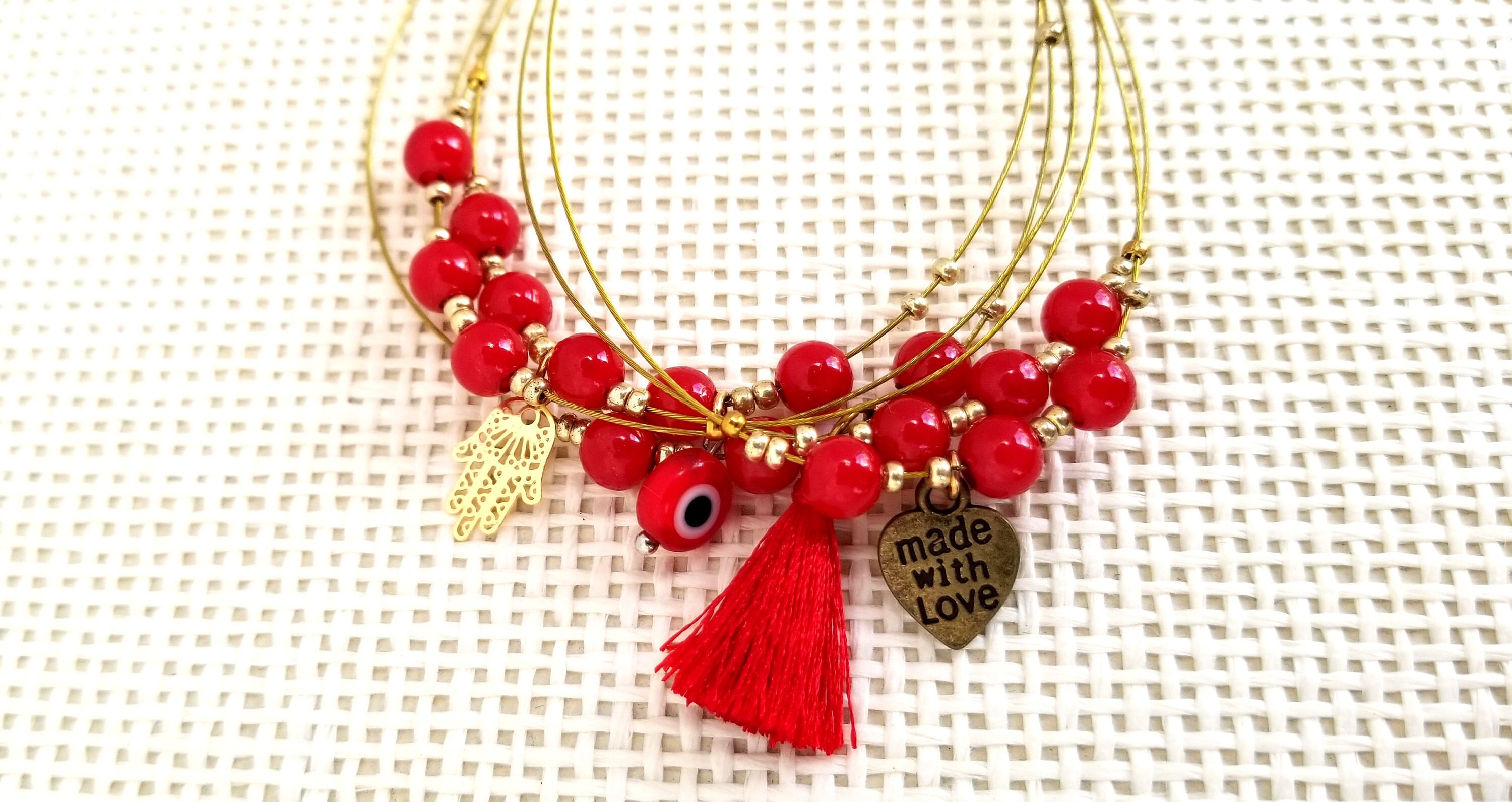 Hamsa Hand Red and Gold Bracelet; Hamsa Hand; Gold Filled; Red Evil ...