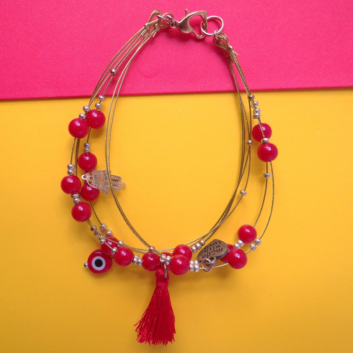 Hamsa Hand Red and Gold Bracelet; Hamsa Hand; Gold Filled; Red Evil ...