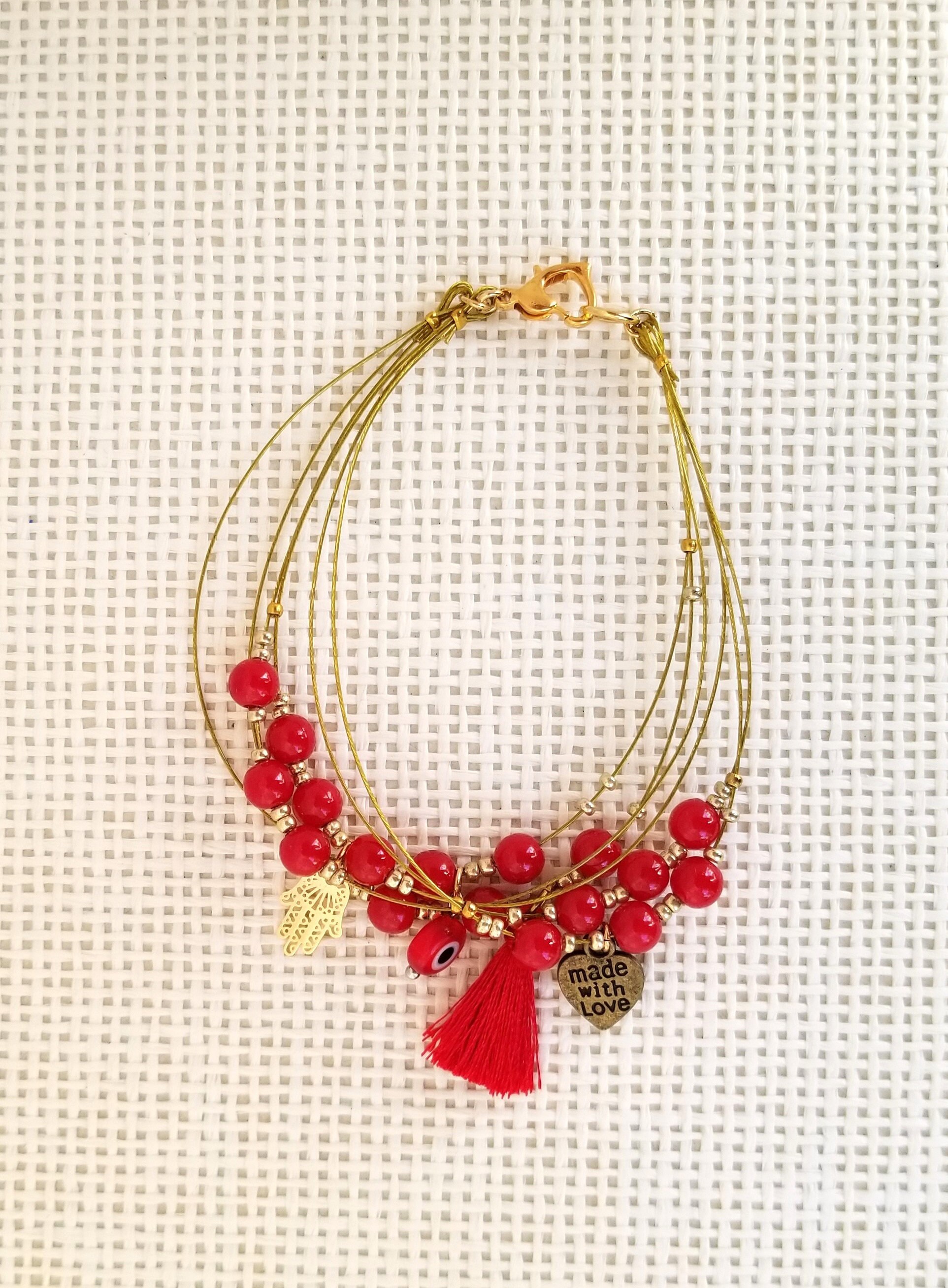 Hamsa Hand Red and Gold Bracelet; Hamsa Hand; Gold Filled; Red Evil ...