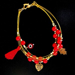Hamsa Hand Red and Gold Bracelet; Hamsa Hand; Gold Filled; Red Evil ...