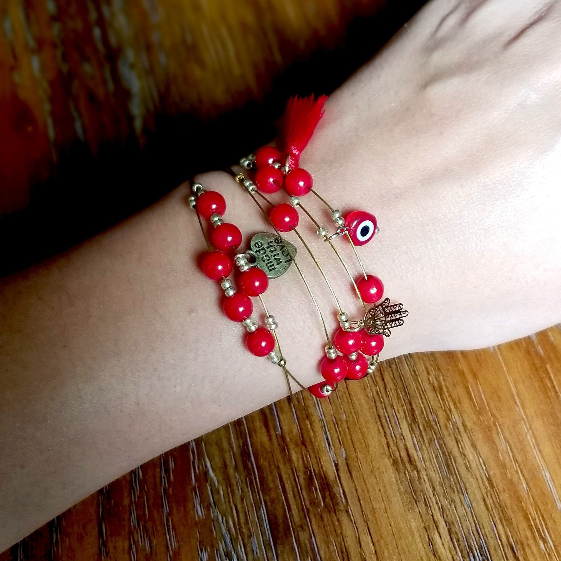 Hamsa Hand Red and Gold Bracelet; Hamsa Hand; Gold Filled; Red Evil ...