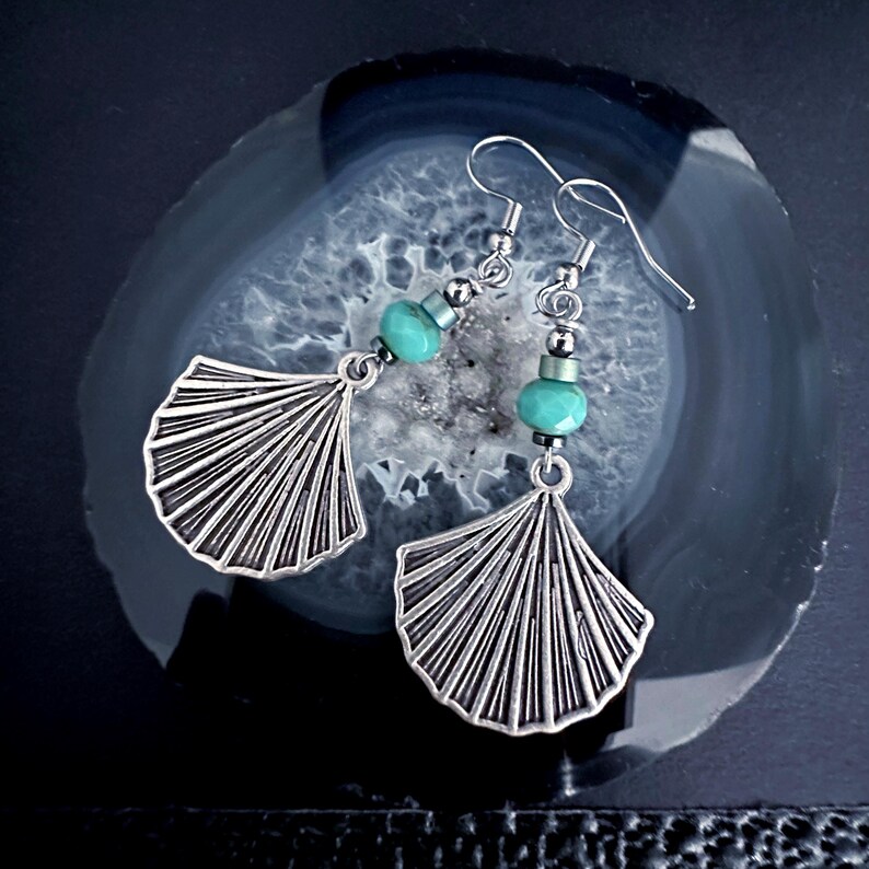 Silver Shell Earrings: Boho Sea Green Czech Bead Dangle Earrings - Etsy