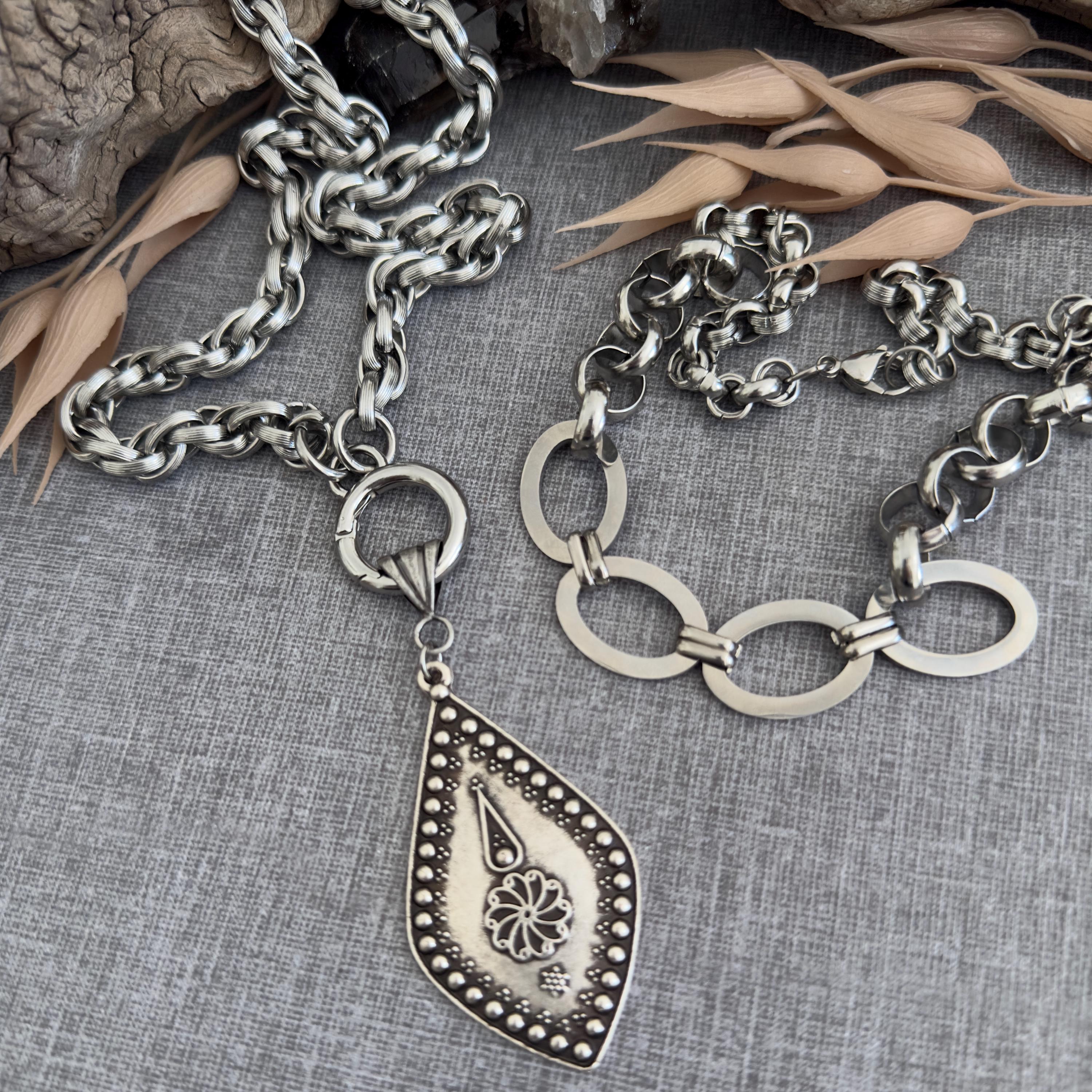 Thick Stainless Steel Wheat Chain Necklace: Teardrop Shaped Metal ...