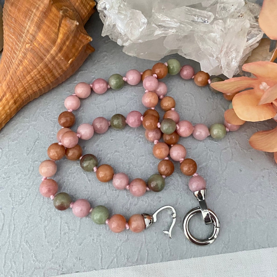 Salt Source 8mm Agate Knotted Bead Necklace: Stainless Steel Clasp ...