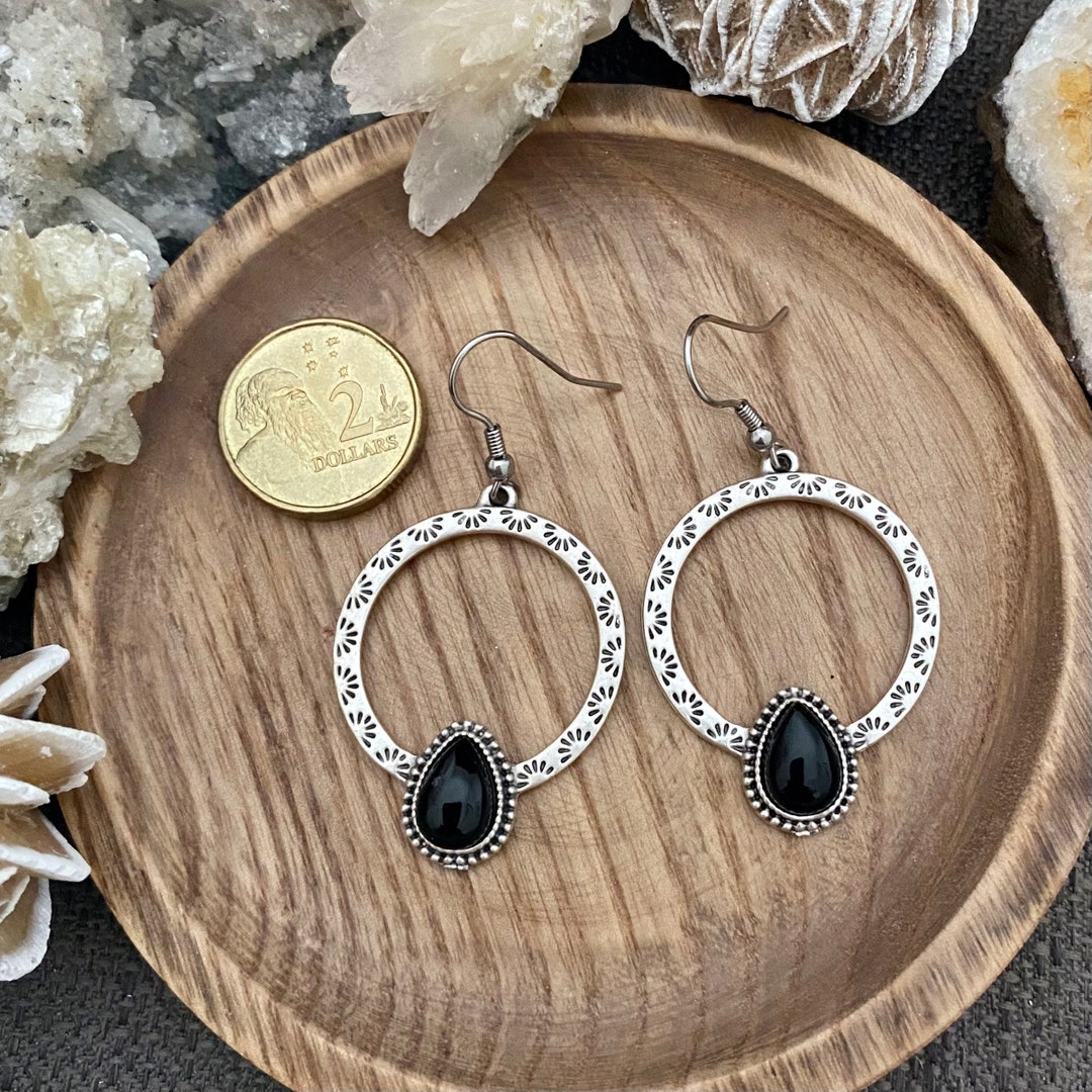 Black Agate Silver Hoop Earring/statement Hoop Earring/australian ...
