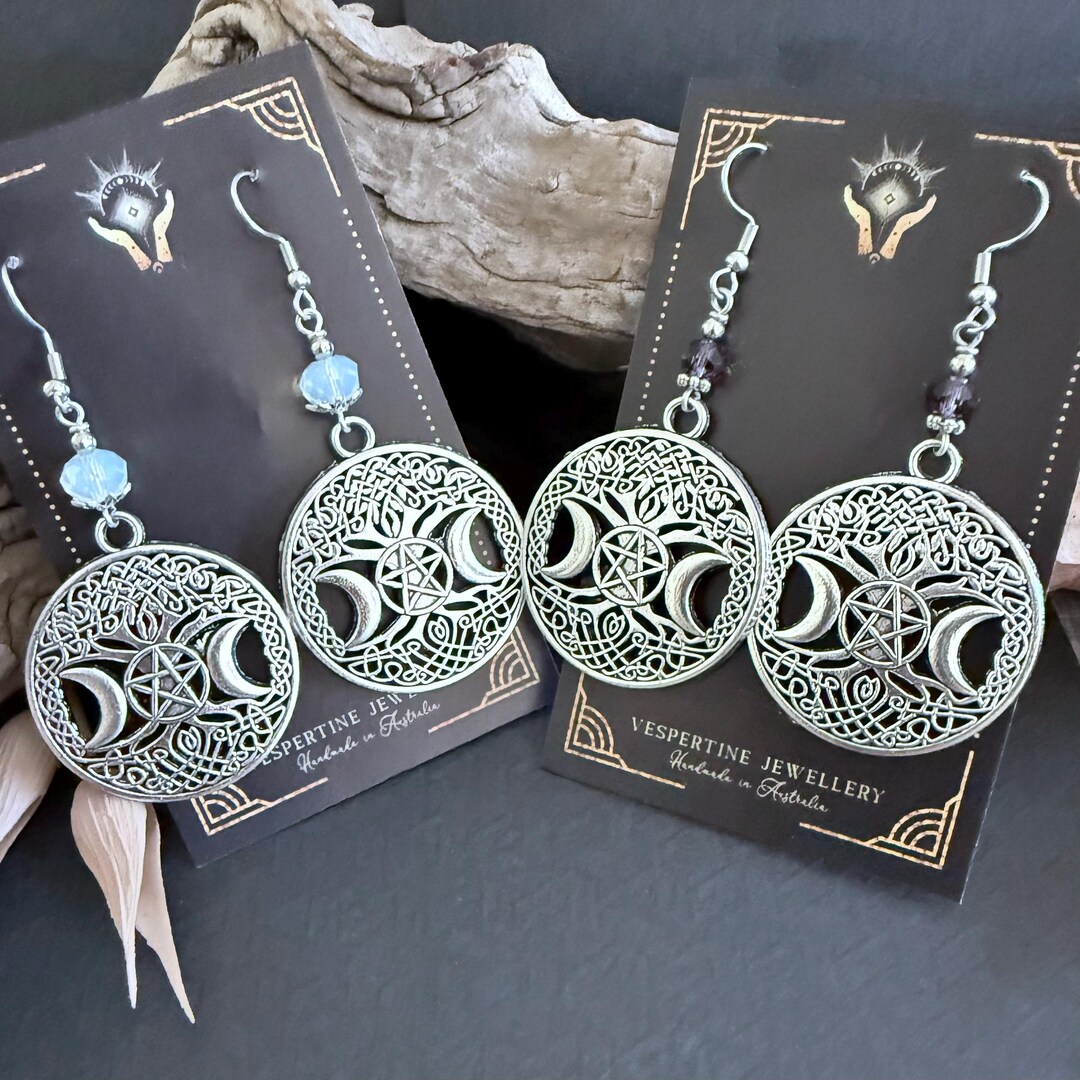 Triple Moon Silver Goddess Earrings: Stainless Steel Hooks, on Sale - Etsy
