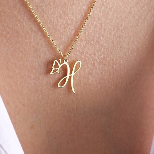 14k Gold Initial Necklace With Butterfly Initial Necklace - Etsy