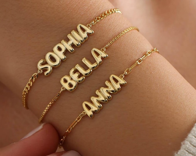 Minimalist Gold Pavé Name Bracelet. Custom Bubble Fonts Bracelet. Retro ...