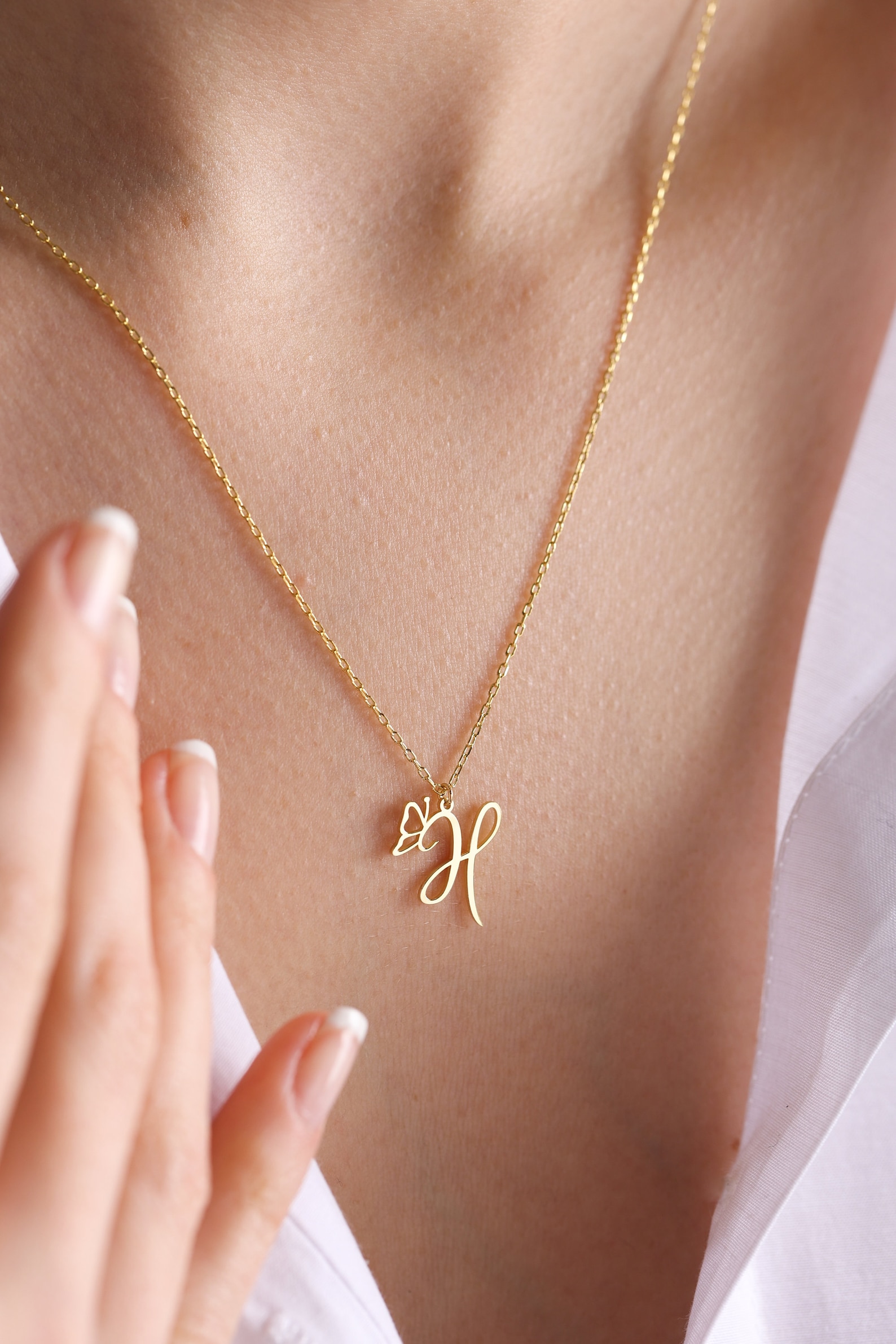 14k Gold Initial Necklace With Butterfly Initial Necklace - Etsy