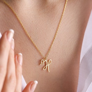 14k Gold Initial Necklace With Butterfly , Initial Necklace , Personalized Necklace , Letter ...