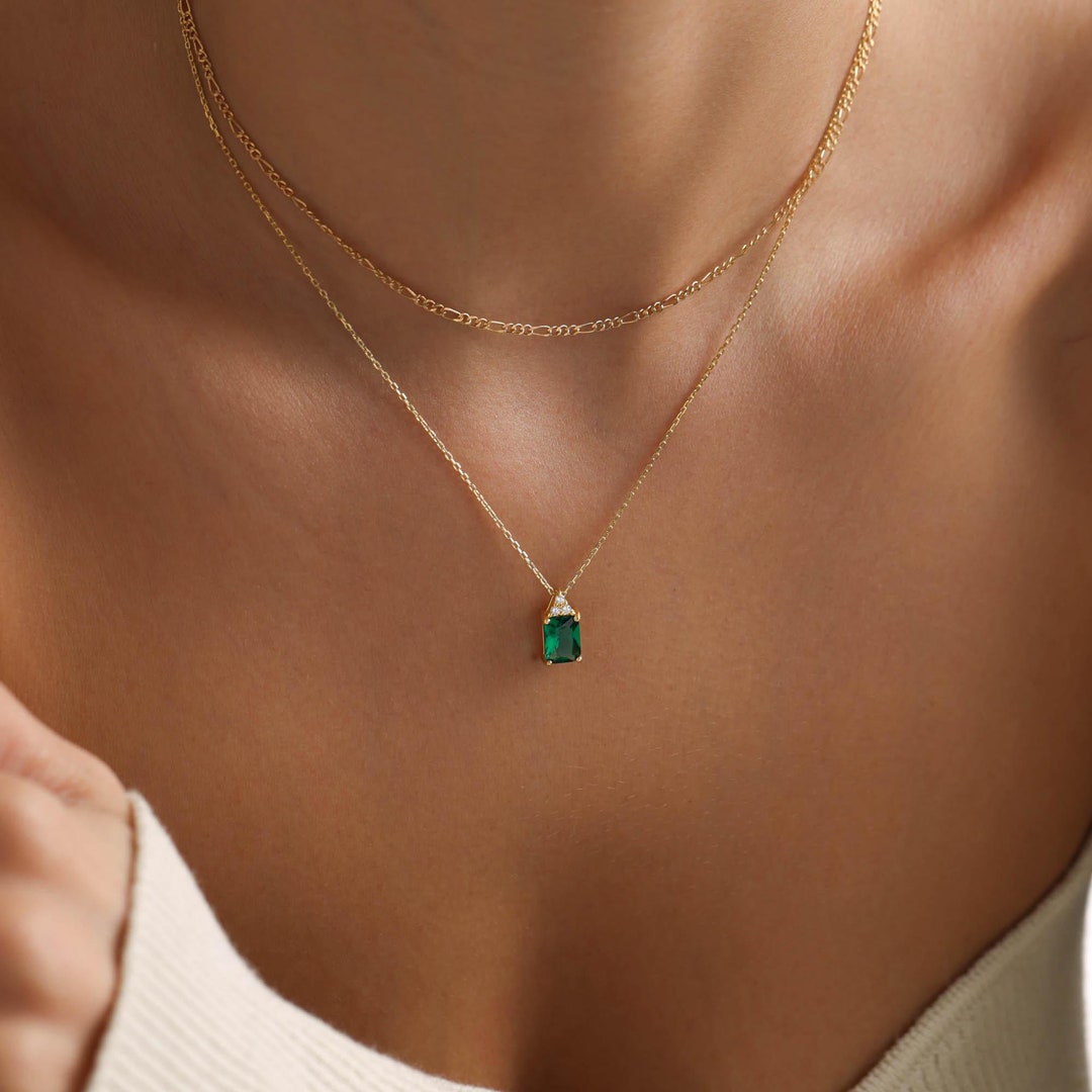 14k Solid Gold Emerald Necklace: Dainty Gemstone Jewelry - Etsy
