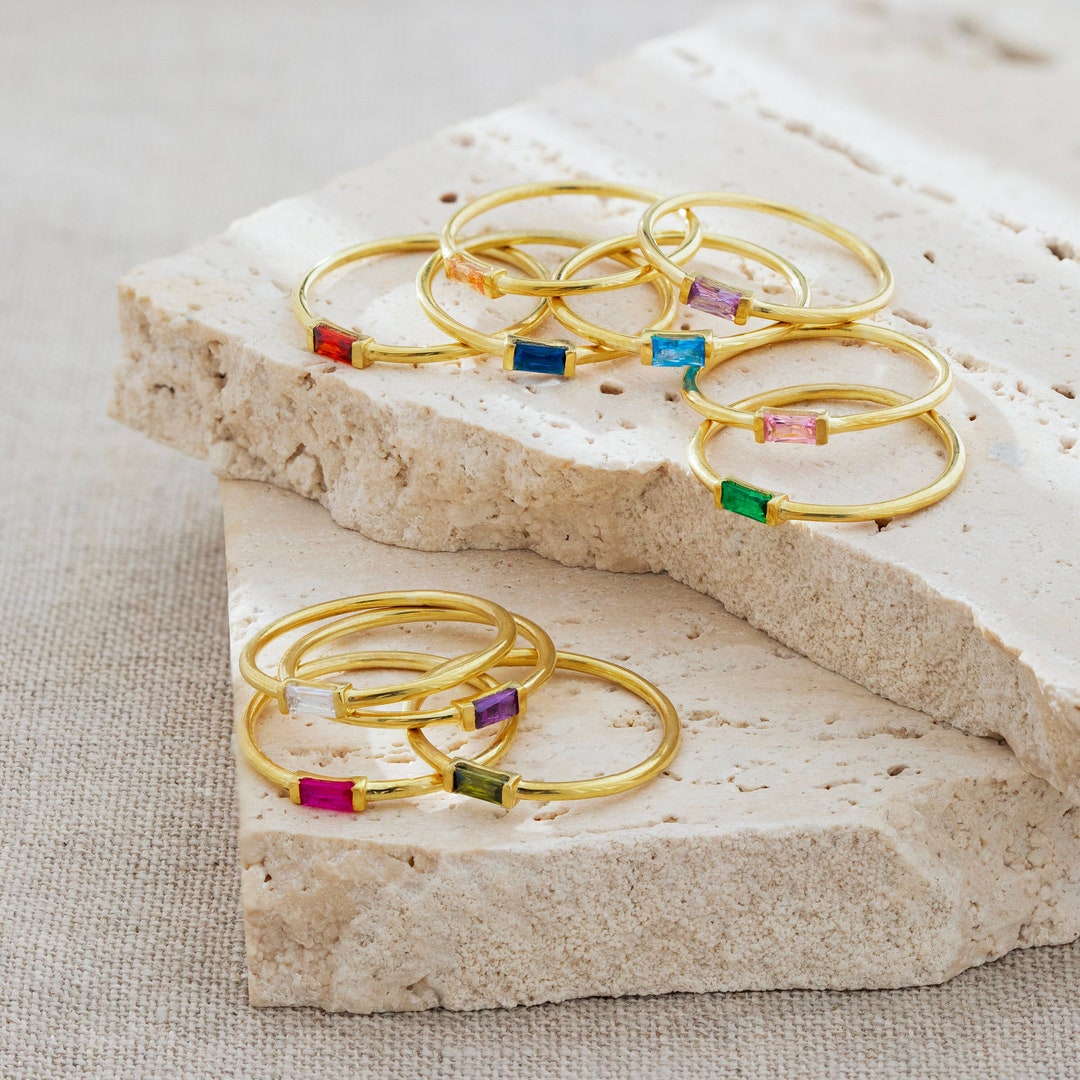 Baguette Birthstone Ring , Custom Stackable Gemstone Ring, Perfect for ...